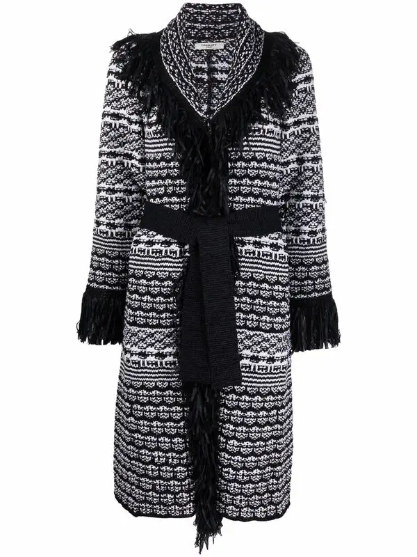 CHARLOTT Intarsia-knit Cardigan Coat With Fringed Detailing - Black