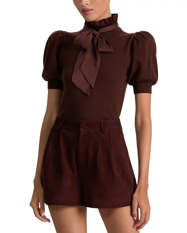 Alice + Olivia Puff Sleeve Ruffle Neck Sweater - Dark Chocolate