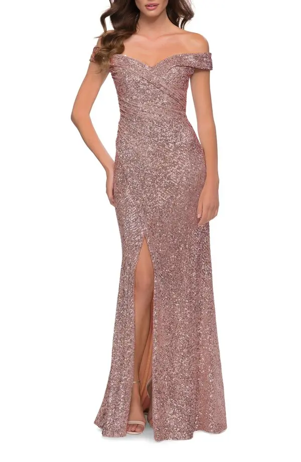Labomme Sequin Off The Shoulder Gown - Rose Gold | Editorialist