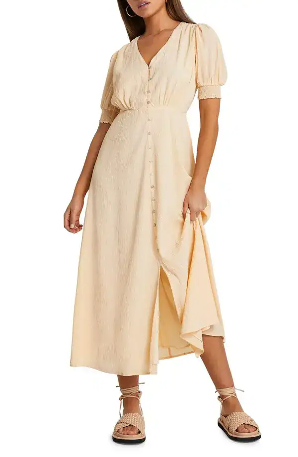 river island beige dress River Island Beige Short Sleeve Drape Side Midi Dress UK S