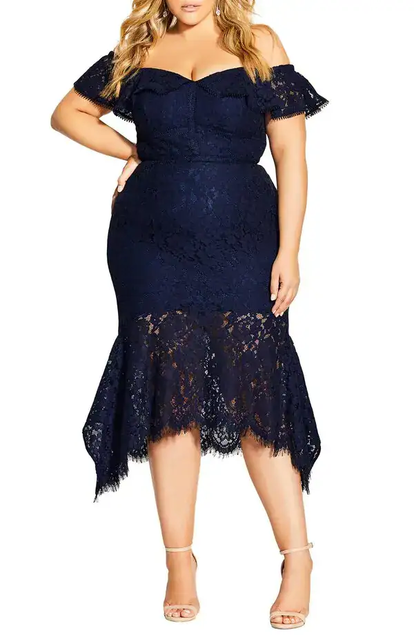 City Chic Angel Off The Shoulder Lace Dress - Navy | Editorialist