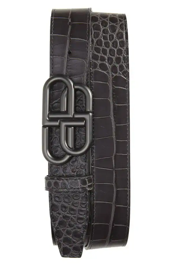 Balenciaga Bb Logo Buckle Croc Embossed Leather Belt - Dark  display picture 3