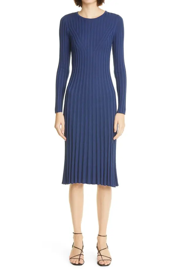 Adam Lippes Long Sleeve Ribbed Silk & Cashmere Sweater Dress - Navy |  Editorialist