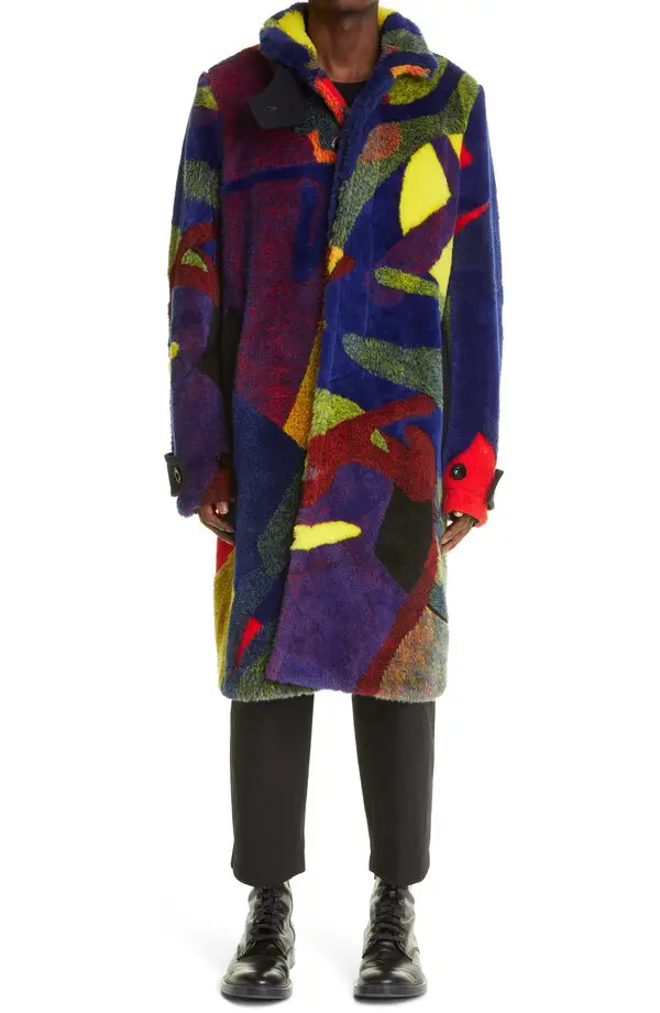 Sacai X Kaws Oversize Jacquard Faux Fur Coat - Black Multi 