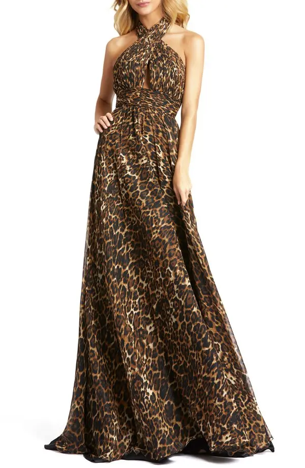 Mac Duggal Animal Print Crossover Halter Neck Gown - Cheetahlicious |  Editorialist
