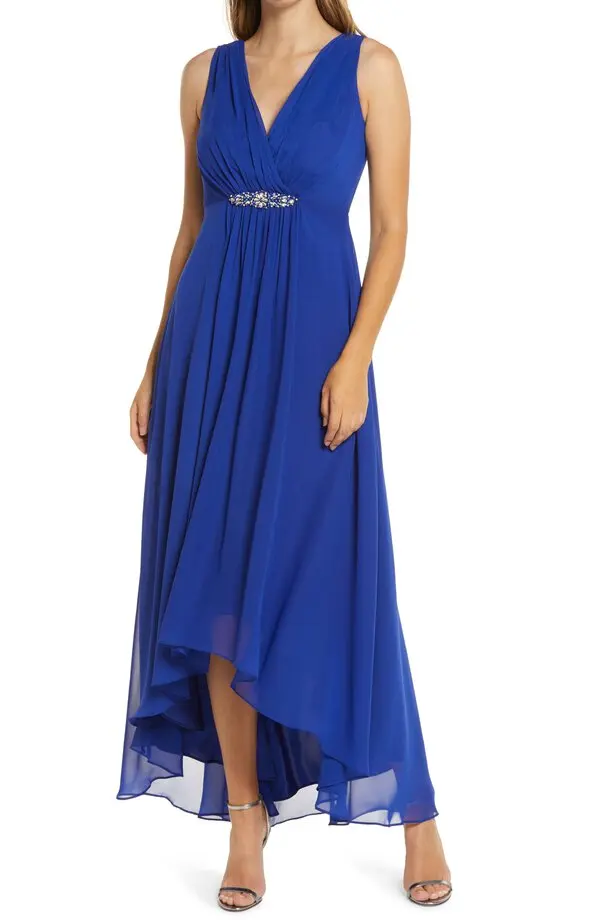 Eliza J Embellished High/Low Chiffon Dress - Cobalt | Editorialist