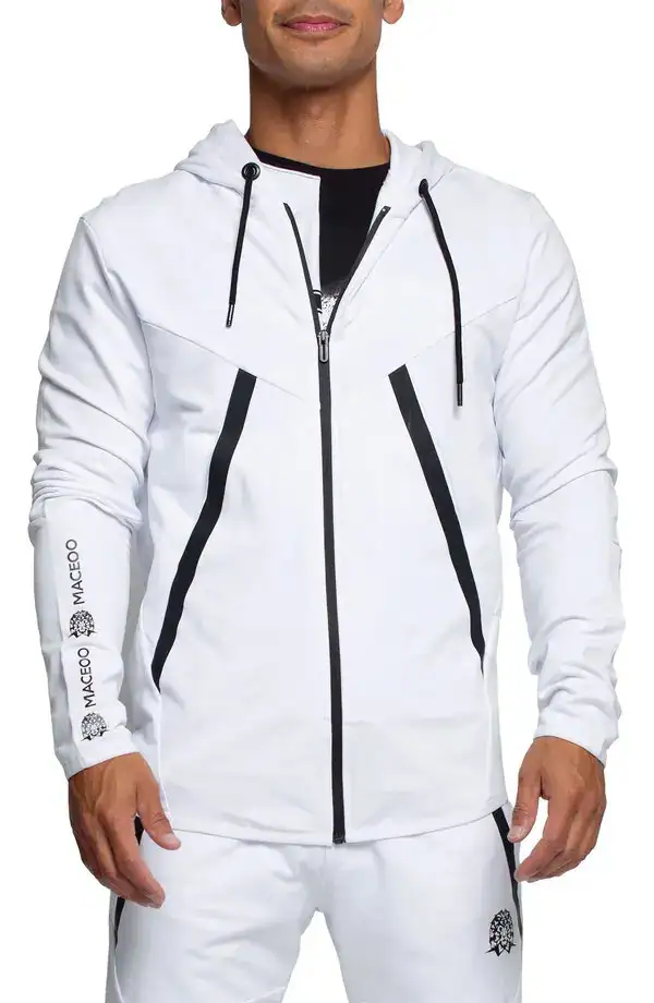 MACEOO Zip Front Logo Trim Stretch Cotton Fleece Hoodie - White ...