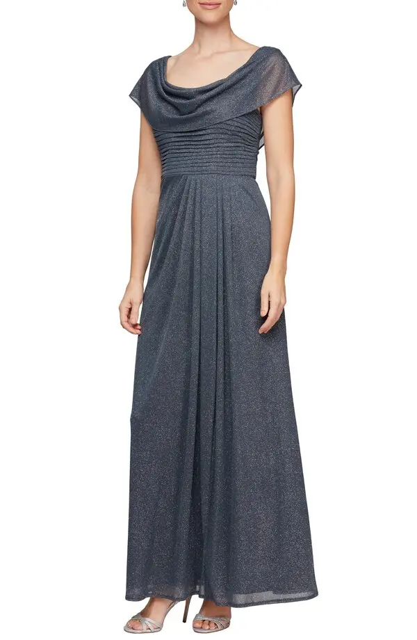 green emerald velvet dress Alex Evenings Petite Cold-Shoulder Draped Metallic Gown MSRP $159 –  DGFOutlet main image 1