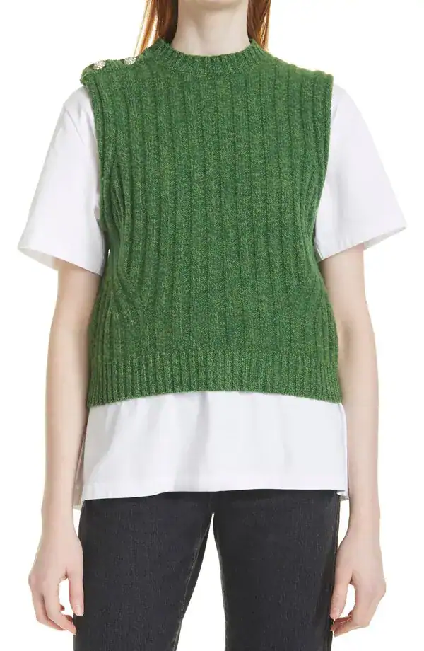 Ganni Shoulder Button Recycled Wool Blend Sweater Vest In Kelly