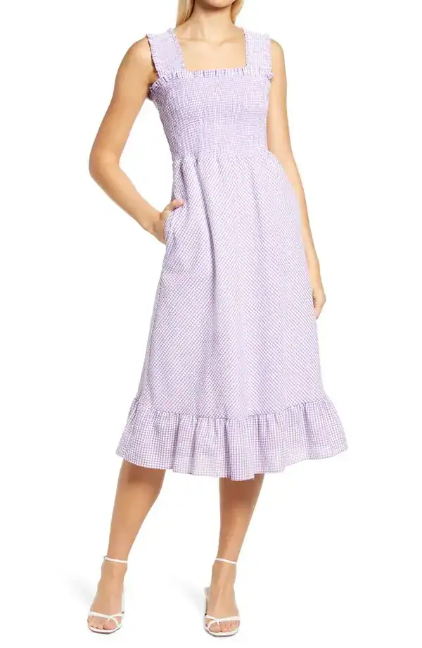 Eliza J Smocked Gingham Seersucker Midi Sundress Lilac