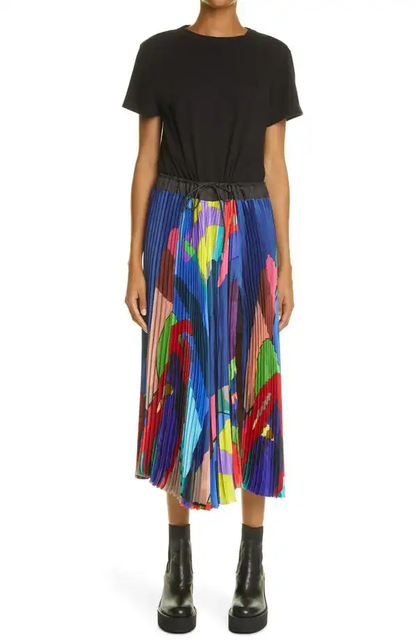 Sacai X Kaws Print Pleated Skirt Midi Dress - Black X Multi 