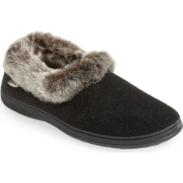 Acorn Faux Fur Slipper - Black
