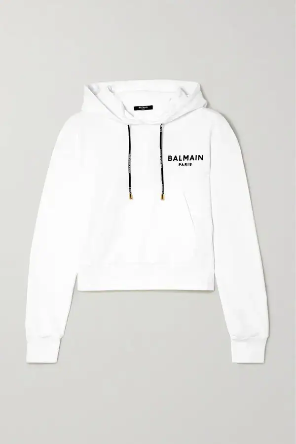 Balmain Cropped Flocked Organic Cotton-Jersey Hoodie White 50