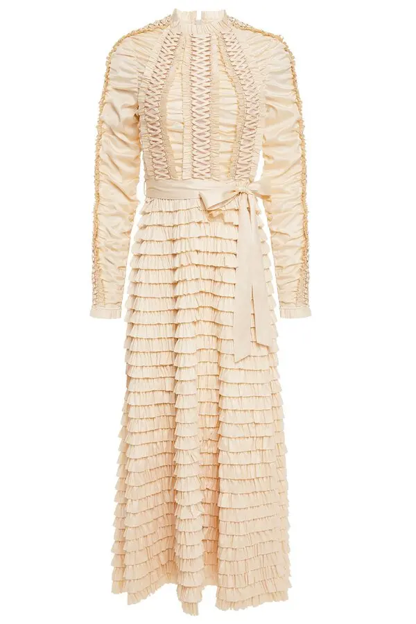 Zimmermann Espionage Tiered Belted Lace-Up Stretch-Silk Twill Midi Dress  Size In Cream - 70% Off | Editorialist