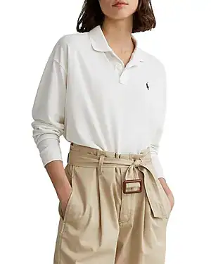 Ralph Lauren Long Sleeve Cropped Polo Shirt In White 30% Off