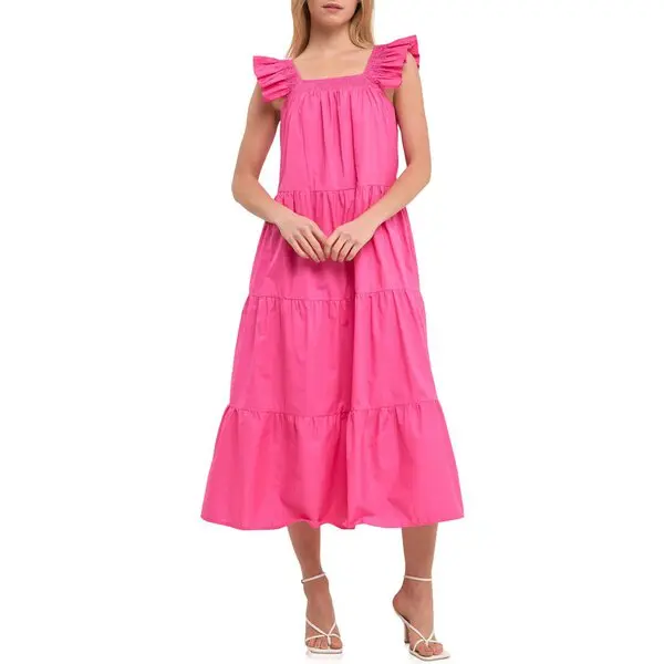 English Factory Ruffle Detail Midi Dress - Fuchsia