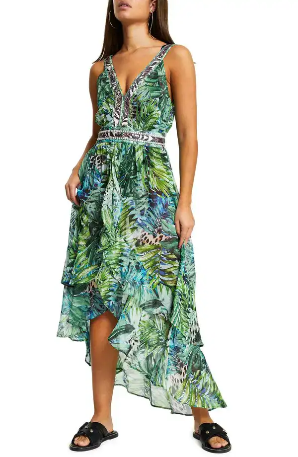 River Island Leaf Print Waterfall Caftan Cover-Up Dress In Bright Green -  50% Off | Editorialist