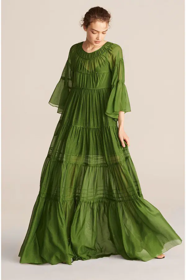 Rebecca Taylor Full Length Ruched Tier Dress - Green | Editorialist