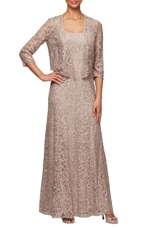 Alex Evenings Sequin Lace Gown And Jacket Set - Buff