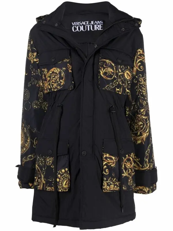 Versace Baroque-Print Hooded Parka In Black - 30% Off | Editorialist