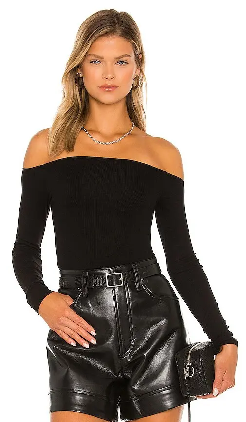 Enza Costa Silk Rib Off The Shoulder Long Sleeve Top - Black
