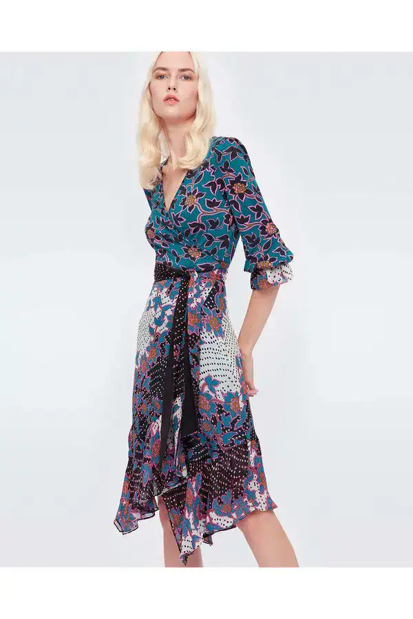 Diane Von Furstenberg Justine Silk-Cotton Jersey Chiffon Wrap Dress In  Vines Medium /Bakit Dot Flower - Teal