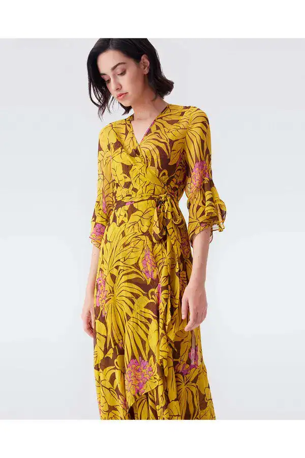 golden hour maxi dress free people Gold Foil Print Mini Wrap Dress with Slit in Navy and Gold main image 1