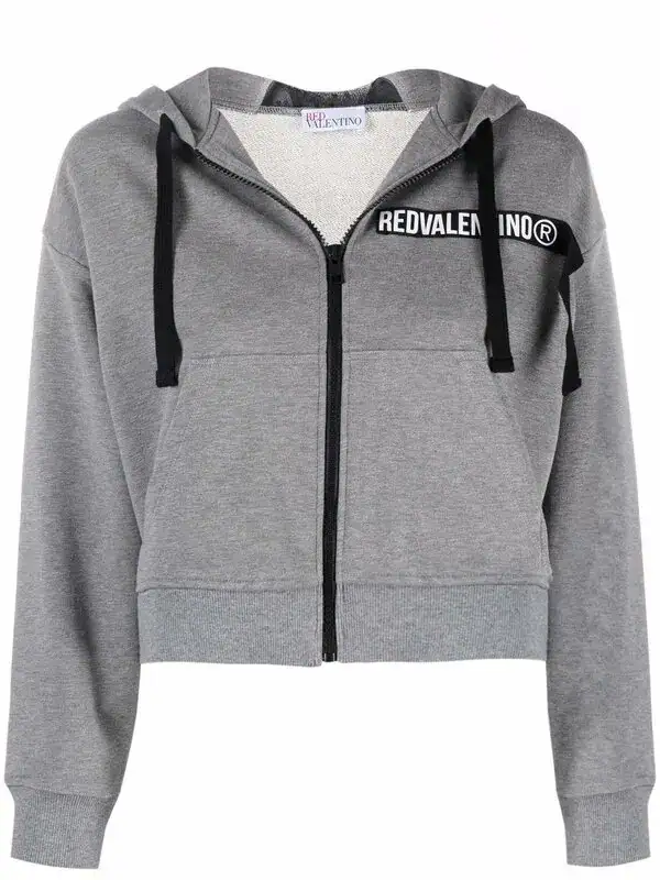 Red Valentino Logo-Panel Cropped Zip-Front Hoodie In Grey - 53