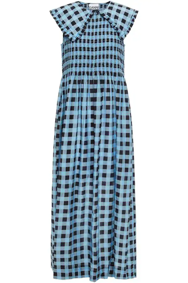 Ganni Shirred Leopard-Print Cotton And Silk-Blend Midi Dress In Light Blue  - 50% Off | Editorialist