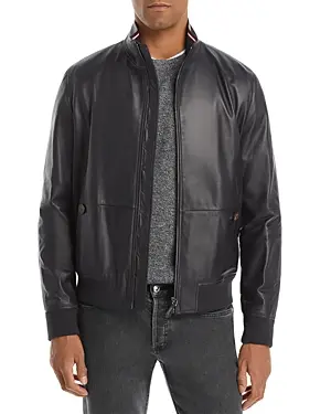 Bally Leather Stripe Detail Bomber Jacket In Ink 50% Off