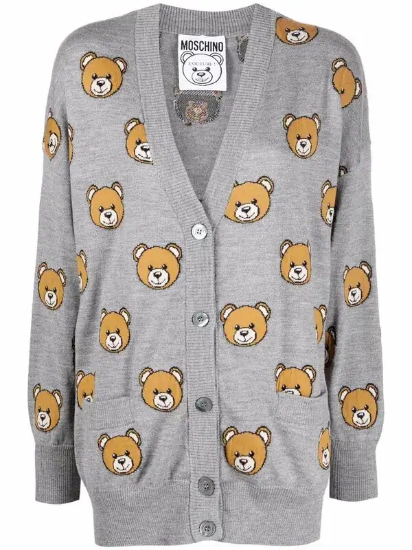 Moschino Teddy Bear Jacquard-Knit Cardigan In Grey - 5% Off