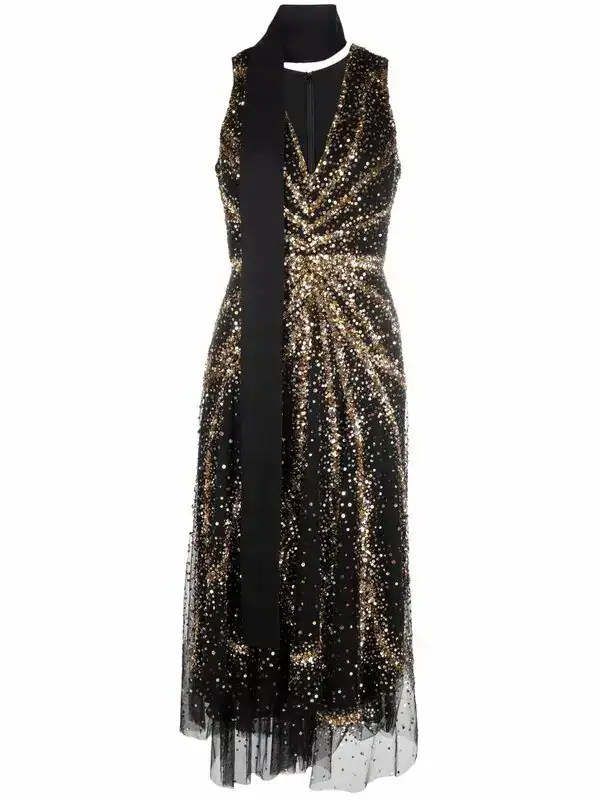 Elie Saab Sequin-Embroidered Midi Dress - Black | Editorialist