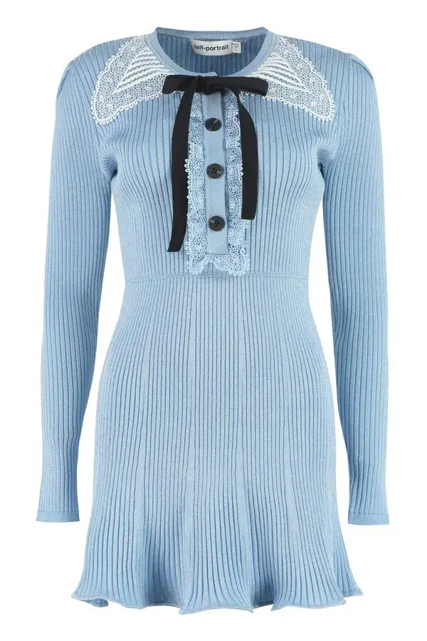 self portrait blue lurex knitted mini dress Self-Portrait Ribbed Knit - colour: black-button-front-tie-midi-shirt-dress