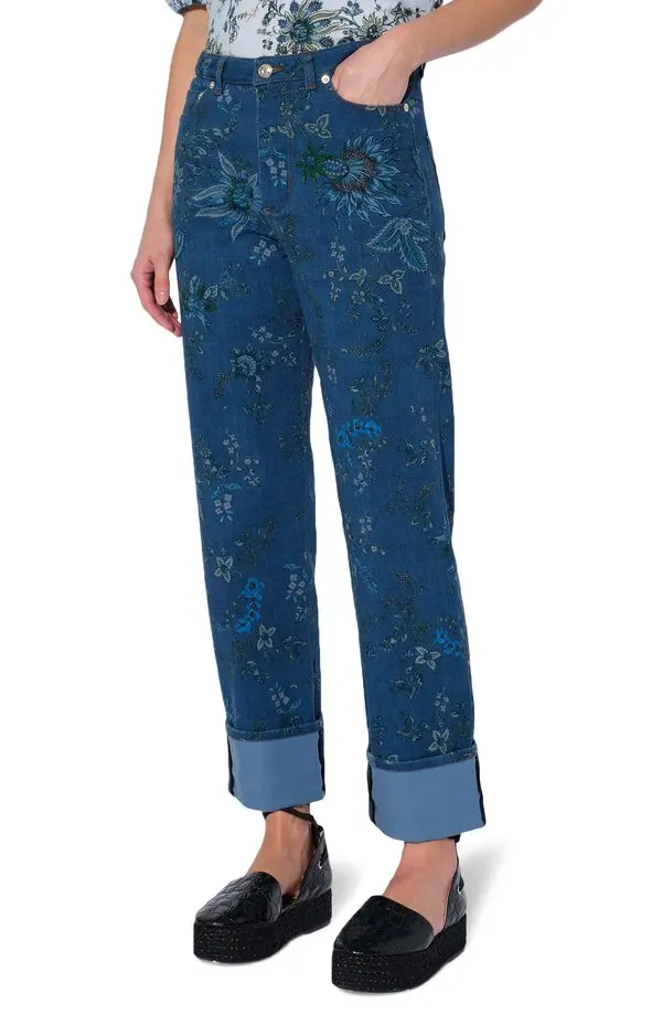 Erdem Nathaniel Floral Print Boyfriend Fit Jeans In Indigo / Blue 