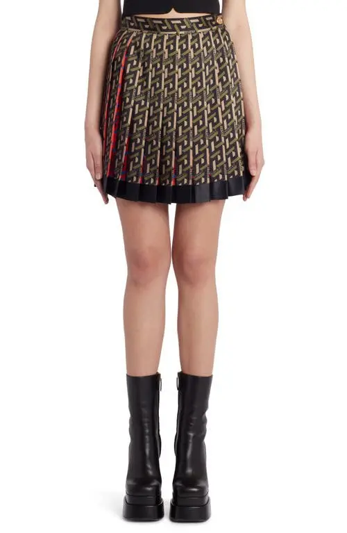 Versace La Greca Monogram Print Pleated Miniskirt In 5b160 Black  
