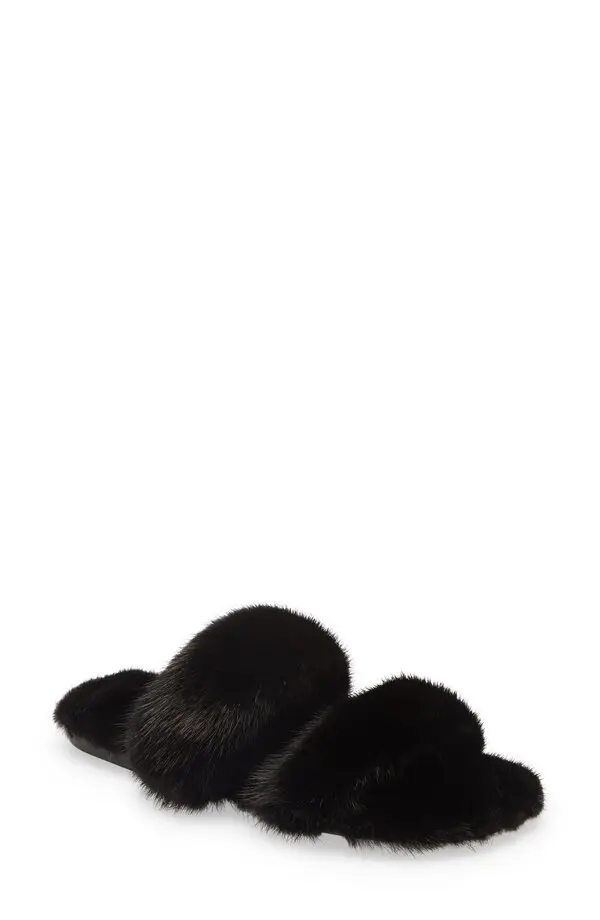 Saint Laurent Bleach Genuine Mink Fur Slide Sandal - Black | Editorialist