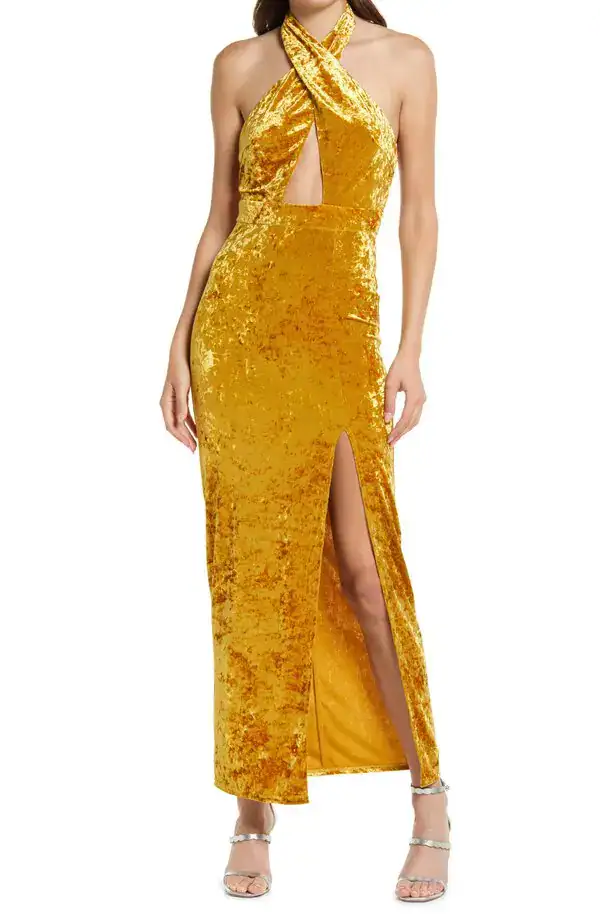 lulus gold velvet dress MILA MOCK NECK CRUSH VELVET DRESS-GOLD L / GOLD main image 1
