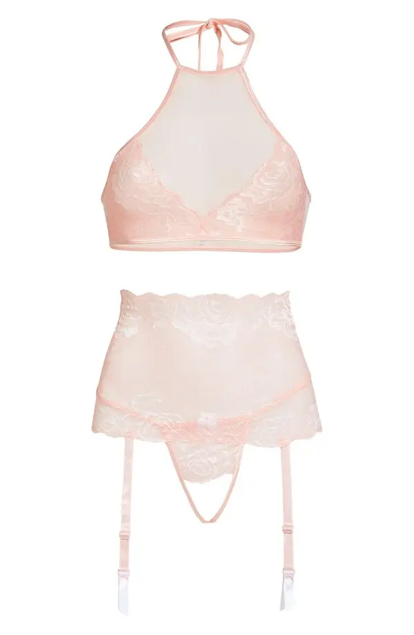 Coquette Crop Halter Top, Garter Belt & G-String Thong - Pink ...