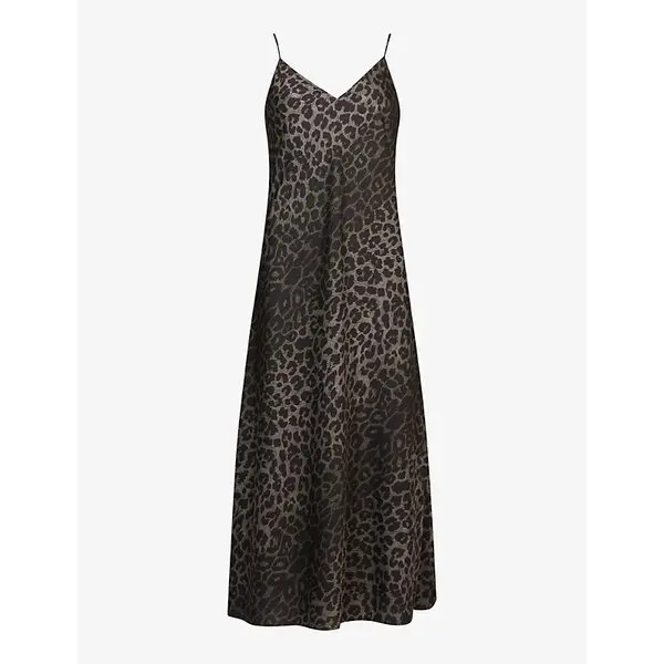 All Saints Tierney Leppo Leopard-Print Satin Slip Dress 12 Khaki