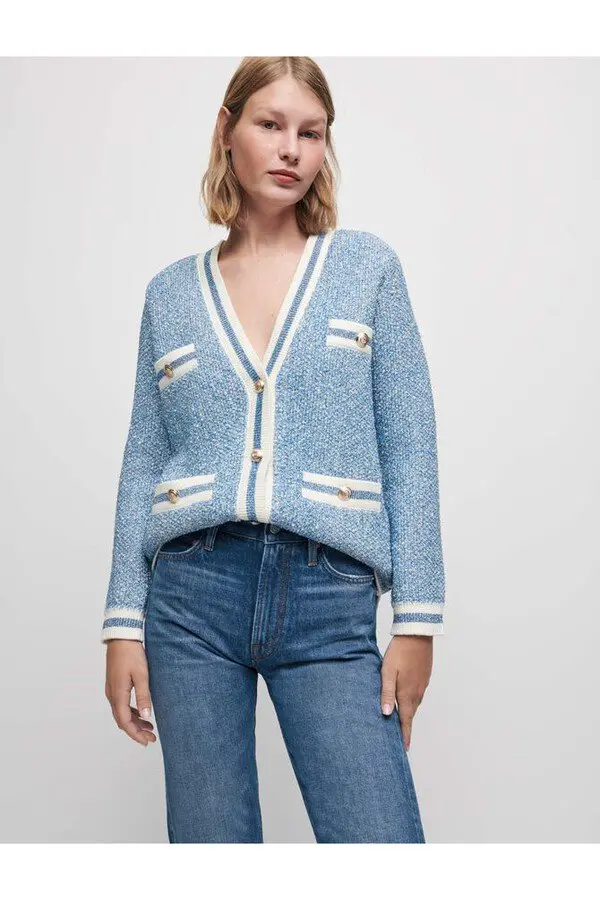 Maje Fancy Lurex Knit Cardigan In Blue Navy 40% Off Editorialist