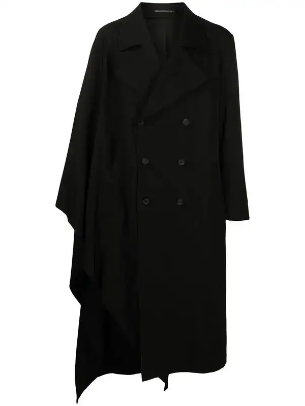 Yohji Yamamoto Asymmetric-Hem Double-Breasted Coat In Black - 45