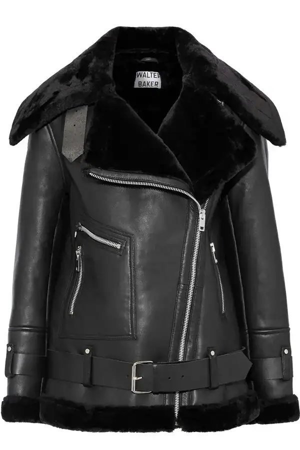 Walter Baker Celine Faux Fur-Trimmed Leather Jacket Black