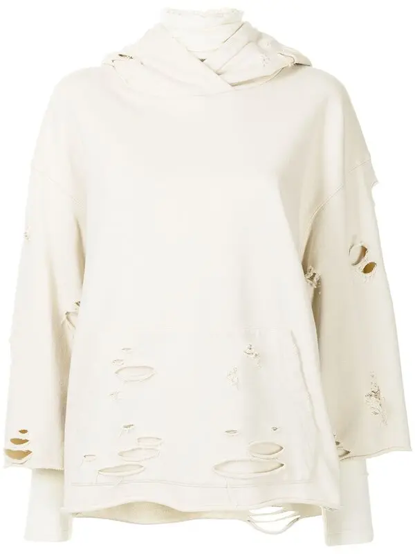 Goen.j Destroyed Layered Hoodie - Neutrals