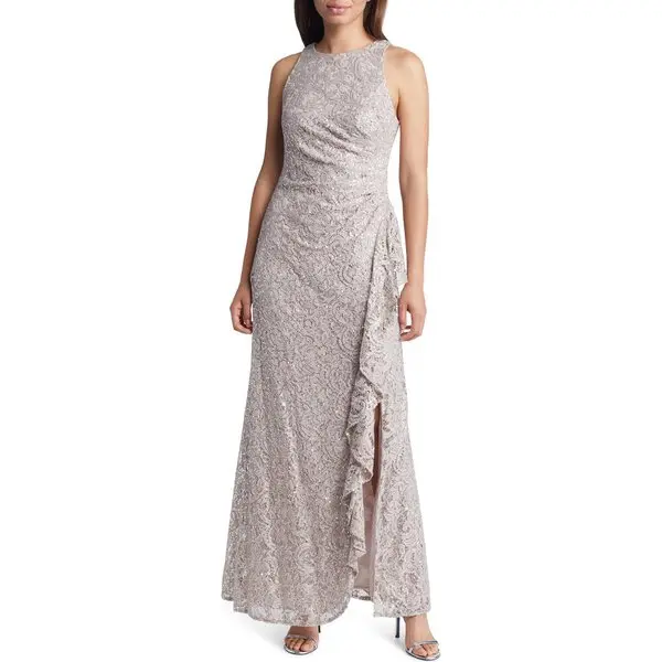 Alex Evenings Ruffle Sequin Lace Gown - Buff