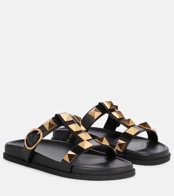 Valentino Garavani Roman Stud Leather Slides - Black