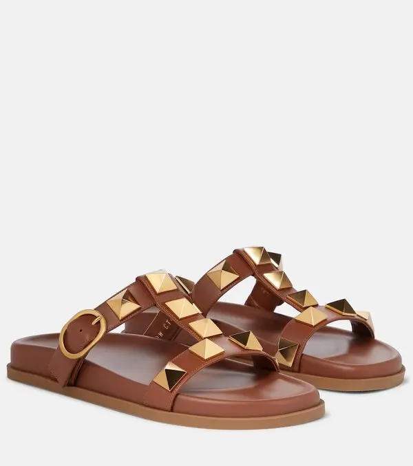 Valentino Garavani Roman Stud Leather Slides - Brown