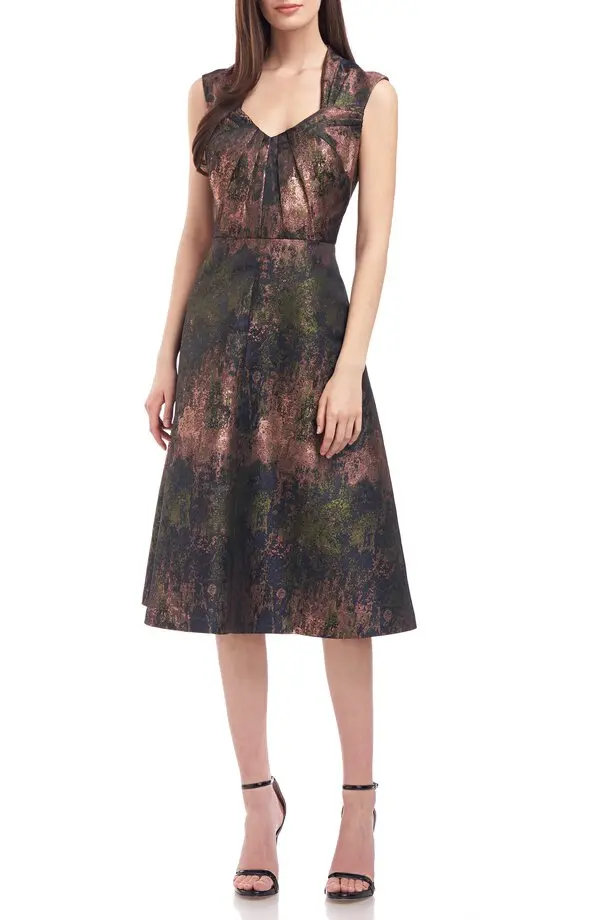 Kay Unger Meadow Metallic Cocktail Midi Dress In Juniper/ Navy - 40% Off |  Editorialist