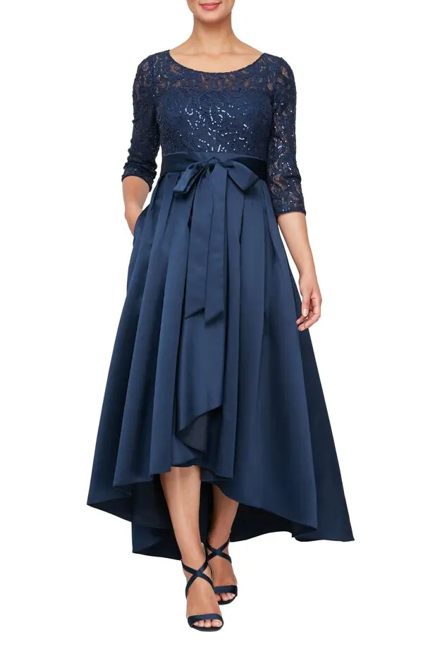 sachin and babi light blue dress Alex Evenings Long Glitter Mesh Cold Shoulder Dress (Womens, Fig, 14)