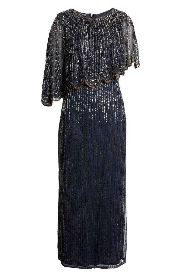 pisarro nights beaded cape dress Long Fitted Formal Beaded Fringe Cape Dress main image 1