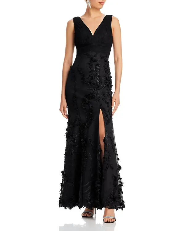 Aidan Mattox Floral Applique Mermaid Gown - Black
